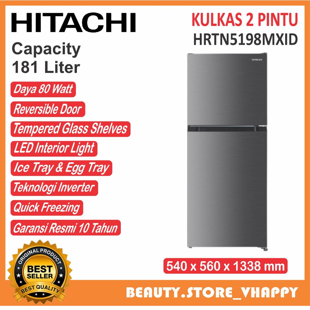 Jual Kulkas 2 Pintu HITACHI 181 Liter HRTN5198MXID Inverter Garansi Resmi | Shopee Indonesia