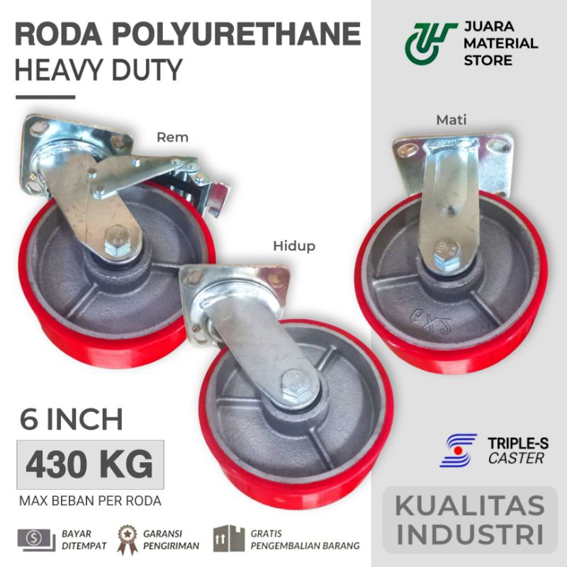 Jual Roda Troli 6 inch 150mm Polyurethane Merah Double Ball Bearing ...