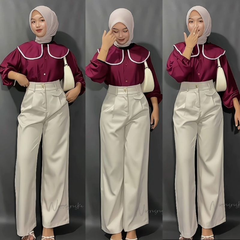 Jual One Set Wanita / Blouse Maroon + Oro Pants Haighwaist / Setelan ...