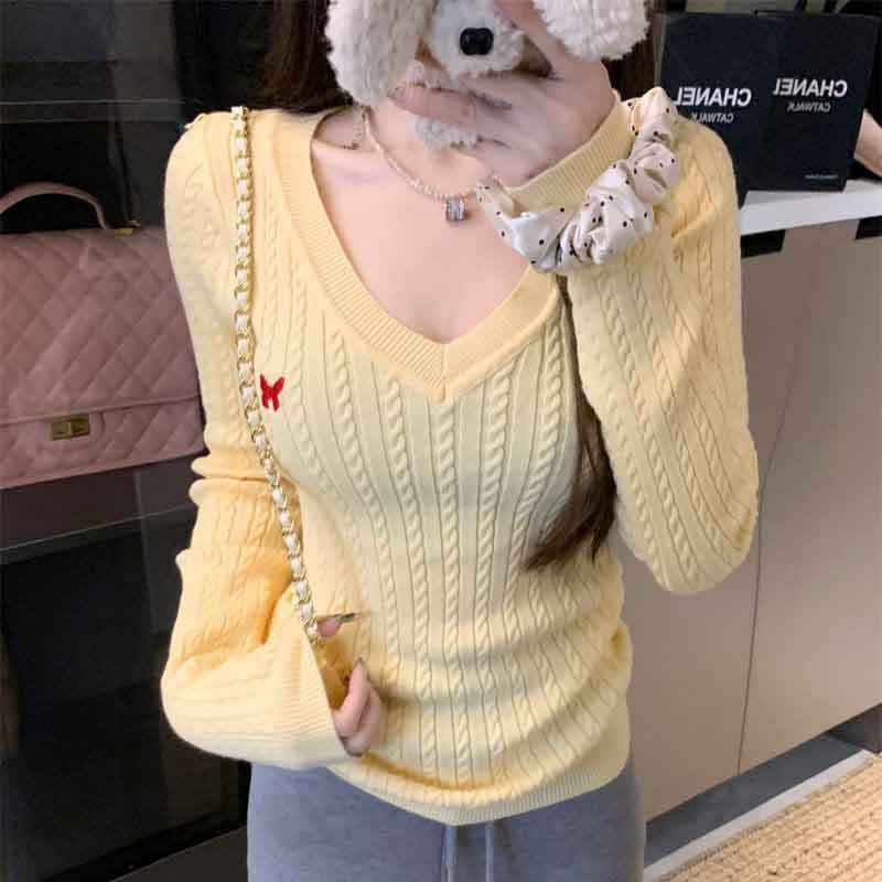 Jual Korean Switer Rajut Wanita V-Neck Atasan Rajut Wanita Slim Sweater Lucu lengan Panjang BF ...