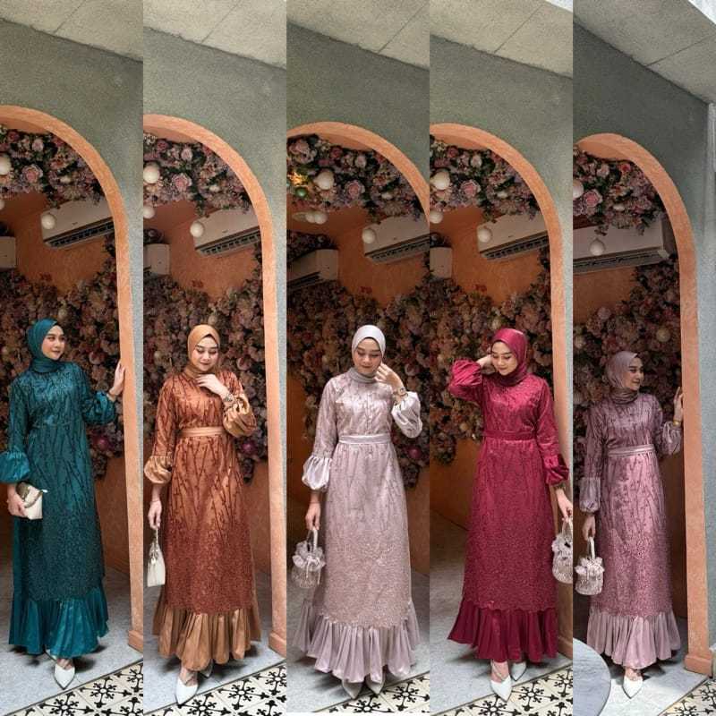 Jual SECILIA DRESS SILK KOMBINASI BRUKAT PREMIUM GAMIS BRUKAT TILE PESTA WANITA MEWAH TERBARU ...