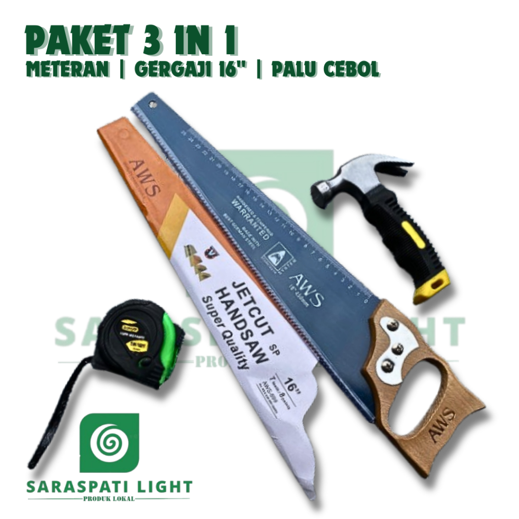 Jual Paket 3 Pcs Alat Pertukangan Gergaji AWS 16 Inch Meteran 5 M dan ...