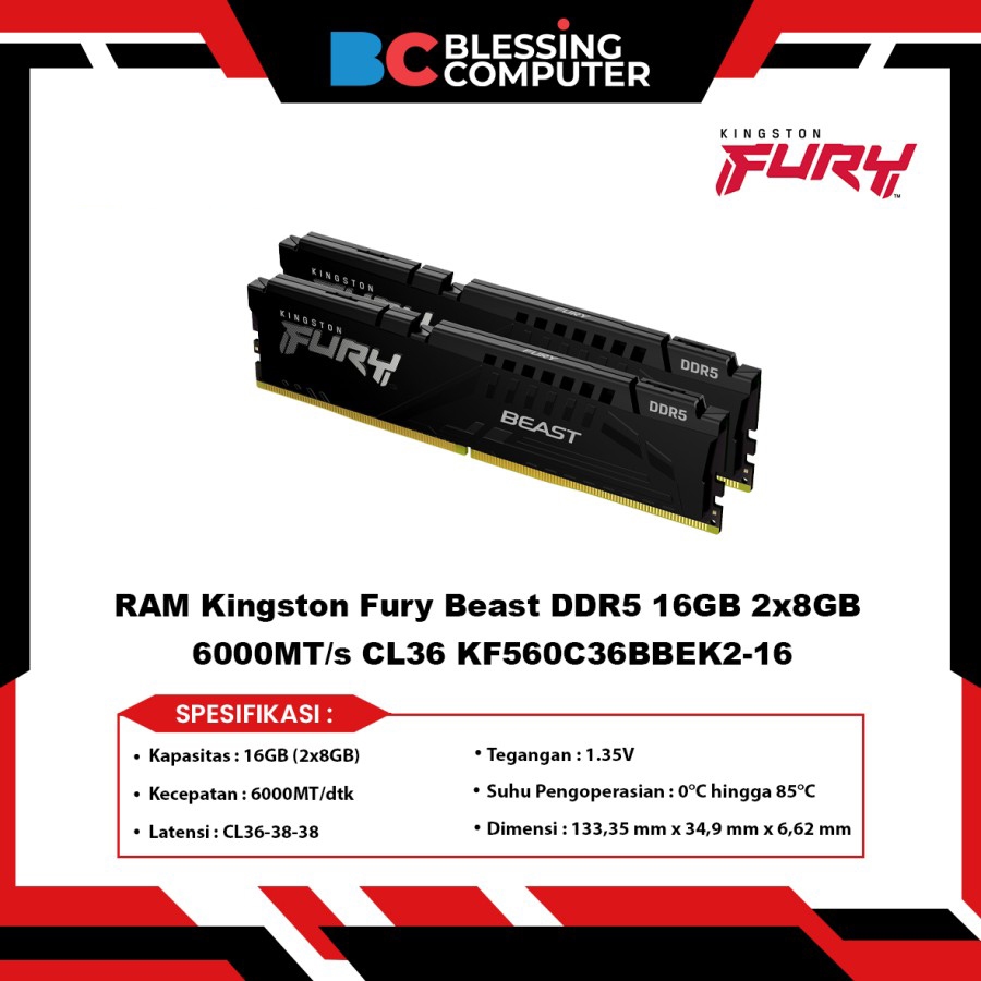 Jual RAM Kingston Fury Beast DDR5 16GB 2x8GB 6000MT/s CL36 KF560C36BBEK2-16 | Shopee Indonesia