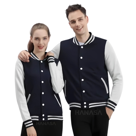 Jual HANASA Jaket Varsity Polos Kancing Pria Wanita Hitam Putih Jaket ...