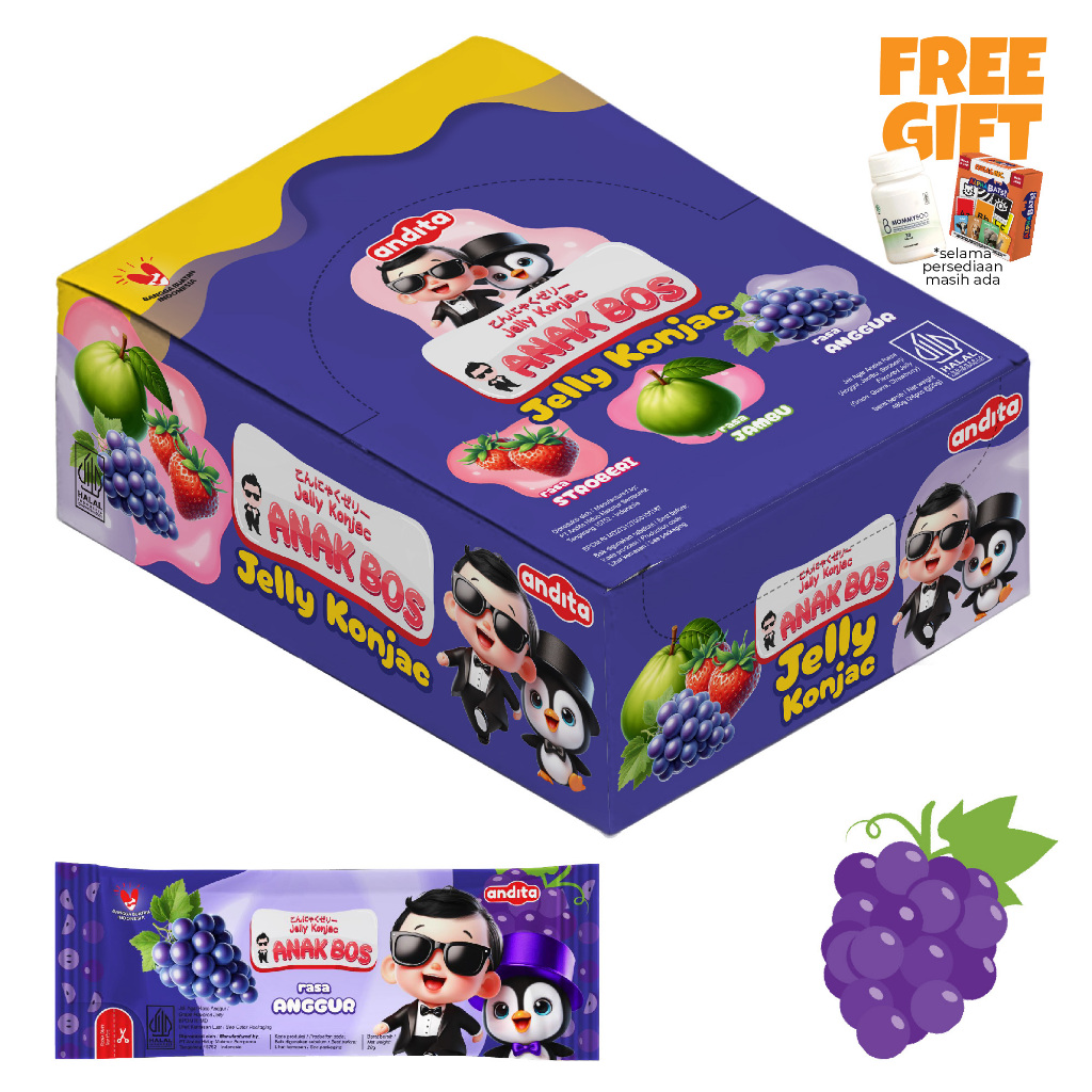 Jual Anak Bos Jelly konjac rasa anggur/jambu/stroberi isi 24 sachet @20g, snack aman tanpa ...