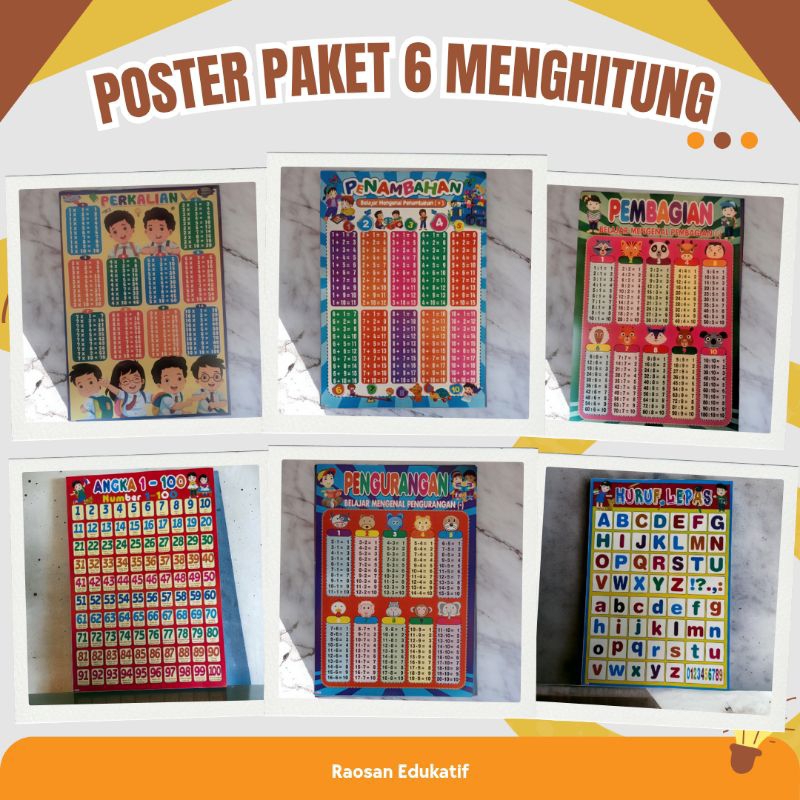 Jual Paket 6 Poster Edukasi Anak Lengkap Belajar Gambar kali/bagi ...