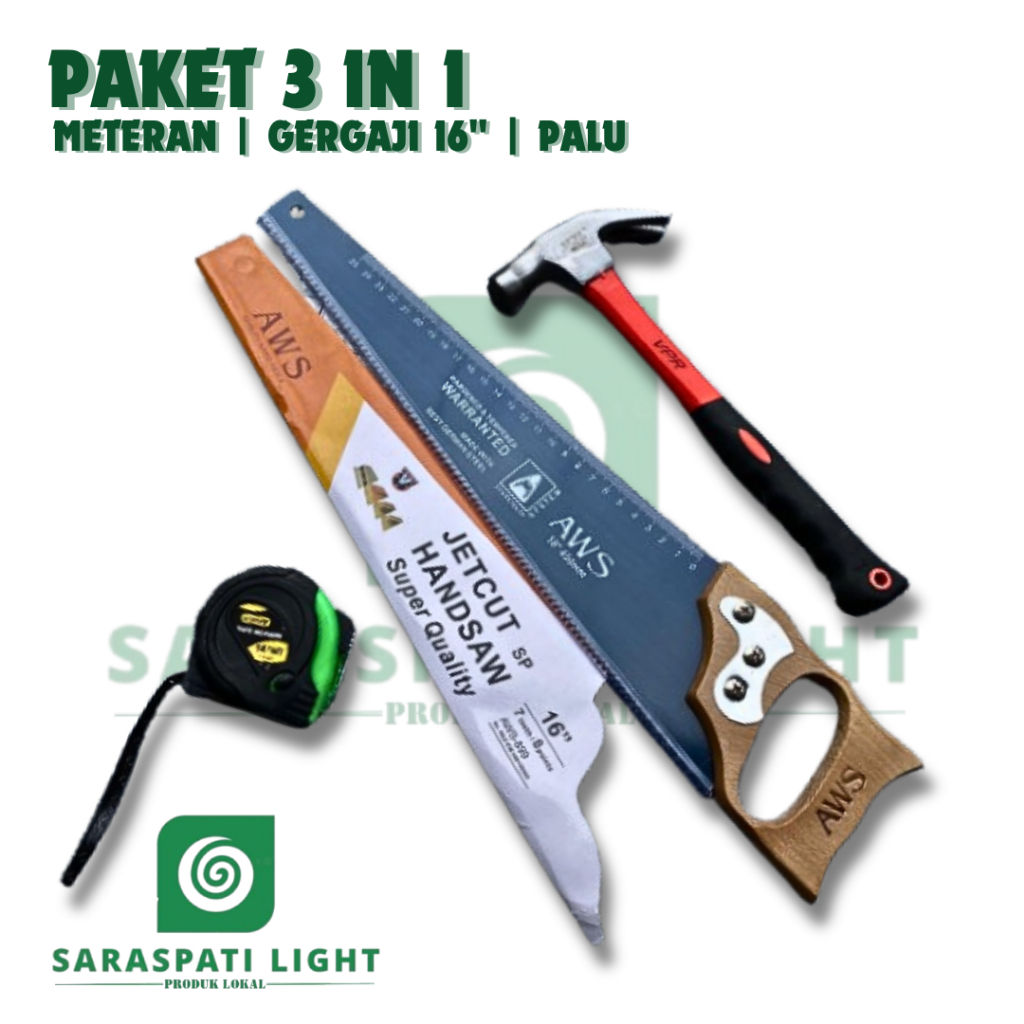Jual Paket 3 Pcs Alat Pertukangan Gergaji AWS 16 Inch Meteran 5 M dan ...