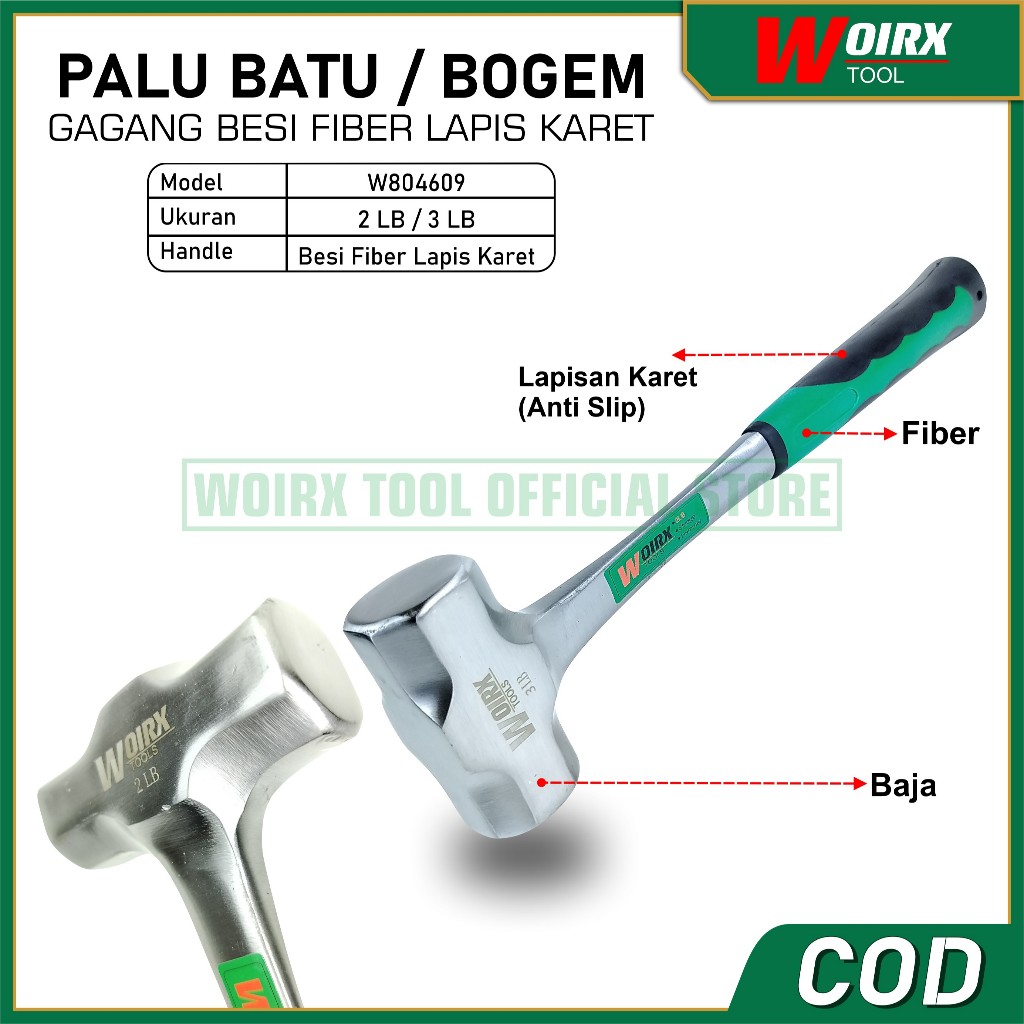 Jual WOIRX TOOL Palu Batu Palu Besi Bogem 2LB 1kg 3LB 1.5kg Gagang Besi Fiber Lapis Karet ...