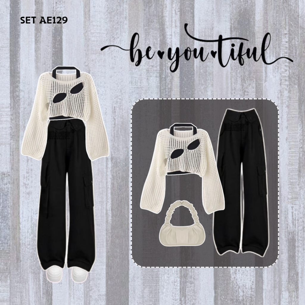 Jual 4 IN 1 One Set Korean Style Outfit Set Rajut Crop Top Putih dengan Detail Lubang dan Celana ...