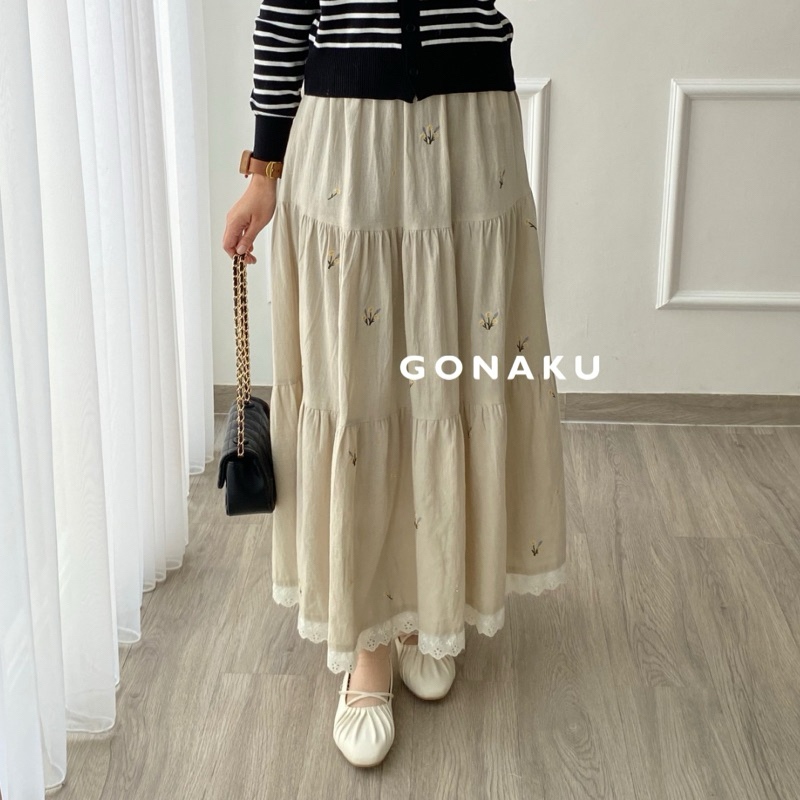 Jual [GONAKU] Dhara Skirt Embroidery Linen | Rok Panjang Linen Bordir ...