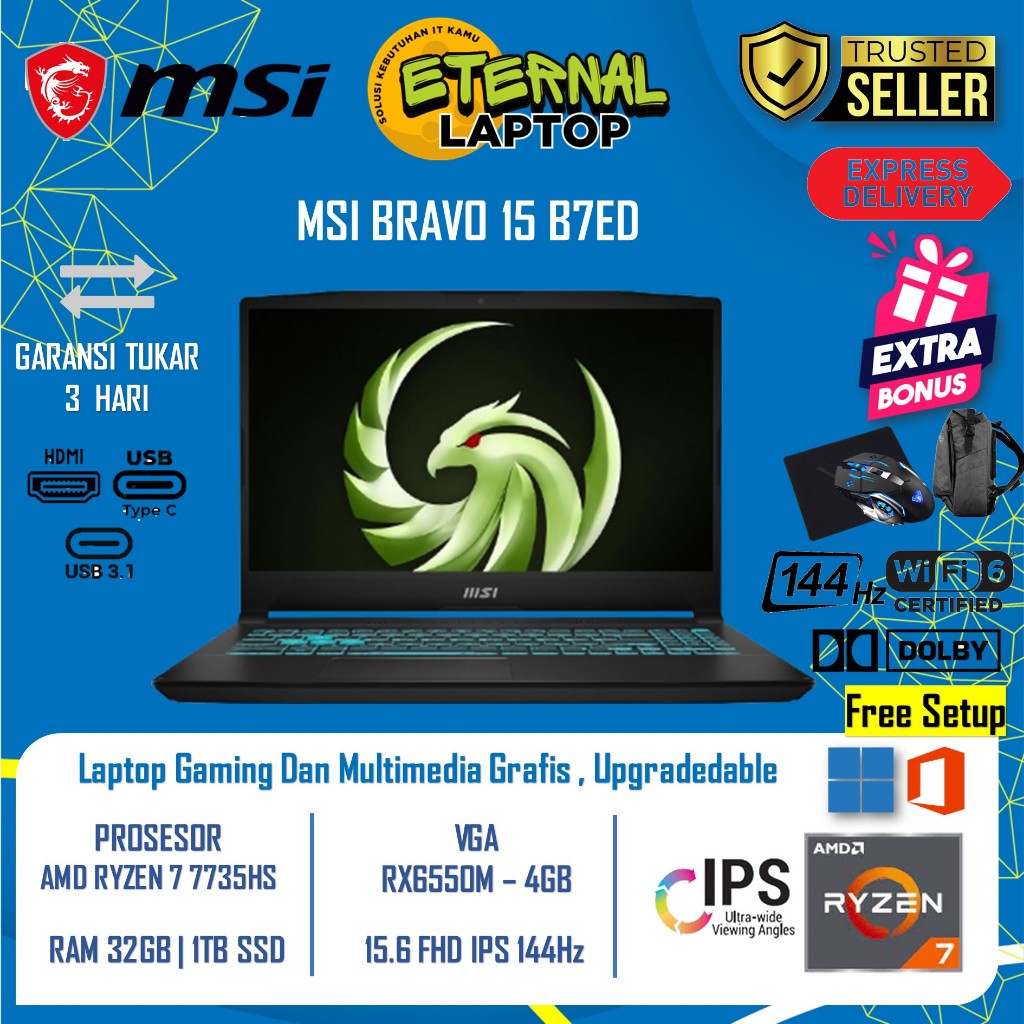 Jual LAPTOP GAMING MSI BRAVO 15 B7ED AMD RYZEN 7 7735HS RX6550M 4GB ...