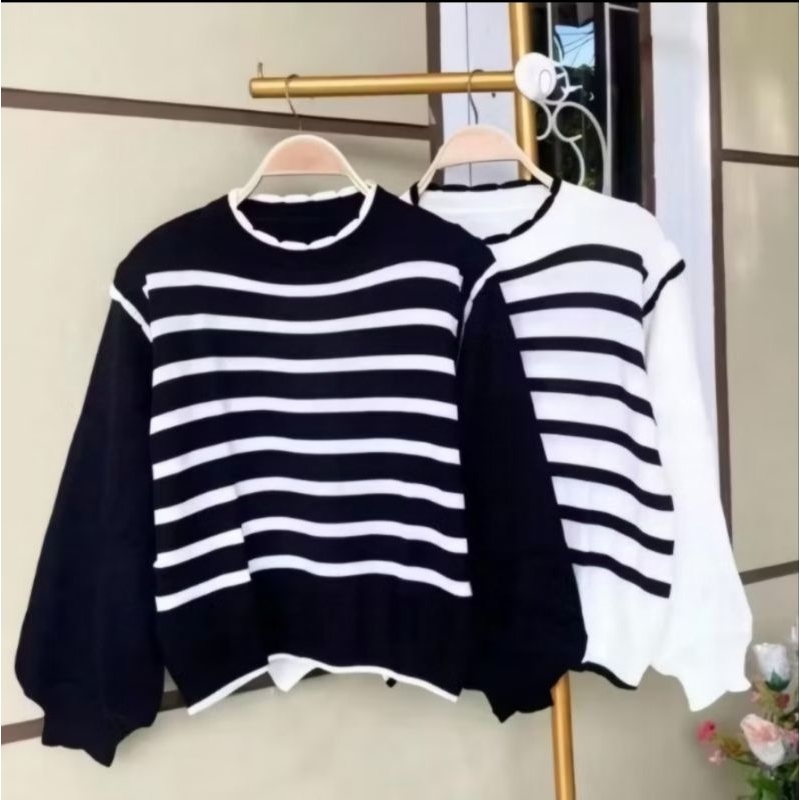 Jual Sweater rajut atasan wanita knit tangan balon model stripe Luna | Shopee Indonesia