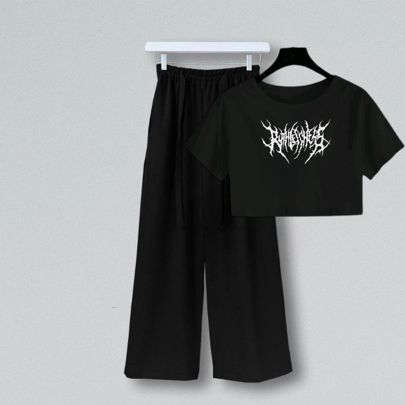Jual COD Setelan Wanita Remaja Kaos Crop Top dan Celana kulot hitam ...