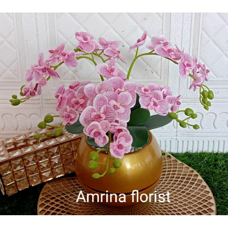 Jual Bunga anggrek kain artificial vas gold//bunga anggrek hiasan meja ...