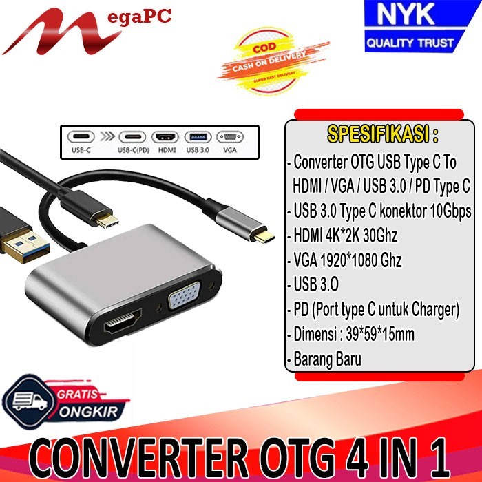 Jual Converter 4K OTG Type C 3.1 To 4 in 1(HDMI + VGA + USB + HUB PD ...