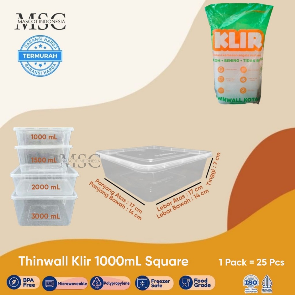 Jual Thinwall Square 1000mL Merk Klir | Thinwall Plastik 1000mL ...