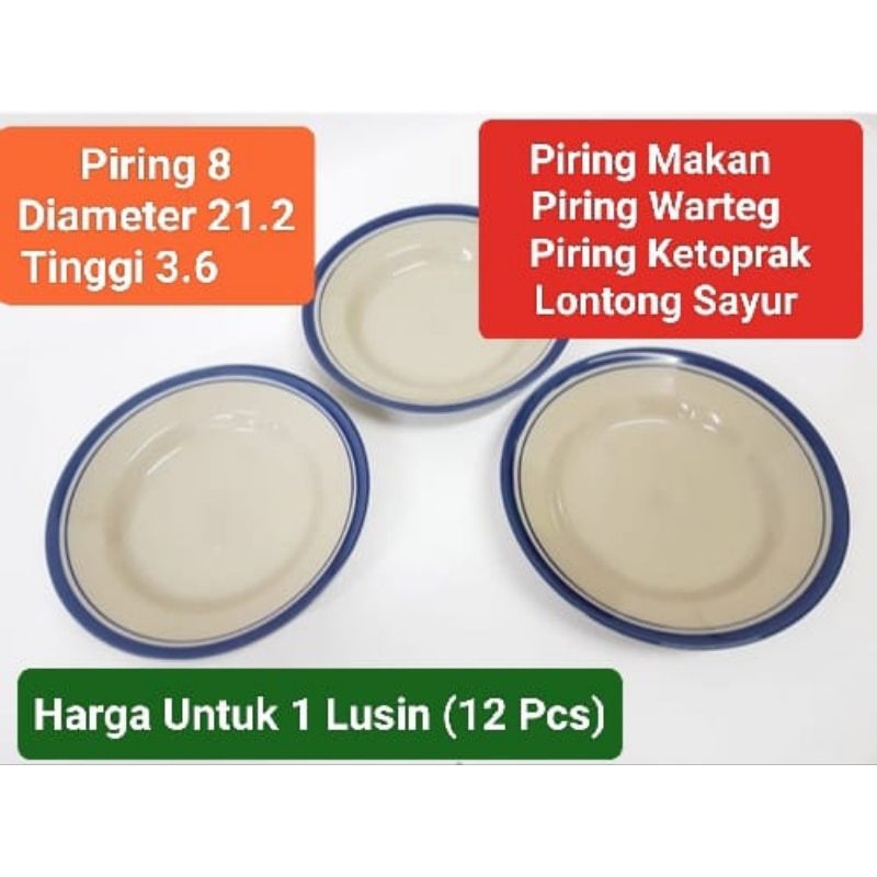 Jual piring makan keramik lis biru ukuran 8" diameter 21cm HARGA 1 ...