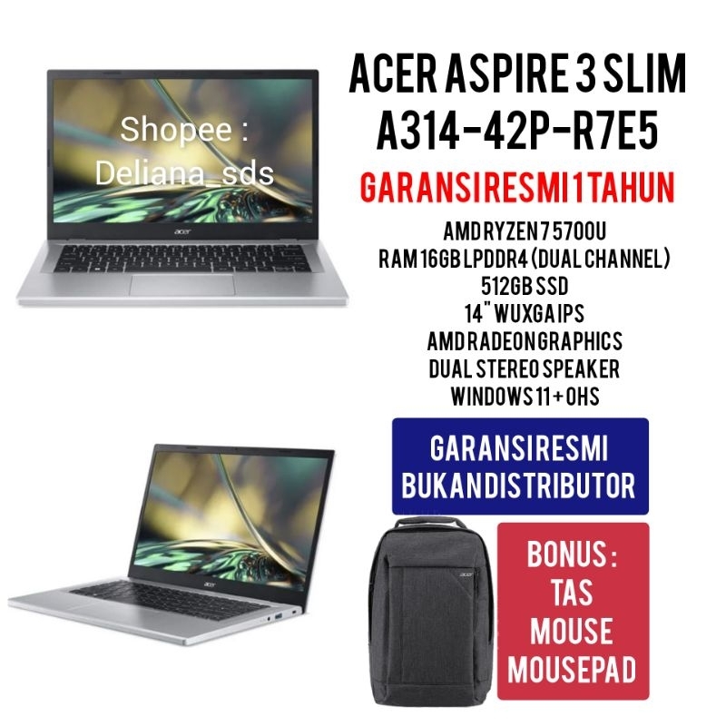 Jual Laptop Acer A314-42P-R7E5 Ryzen 7 5700U 16GB/512GB SSD 14" WUXGA ...