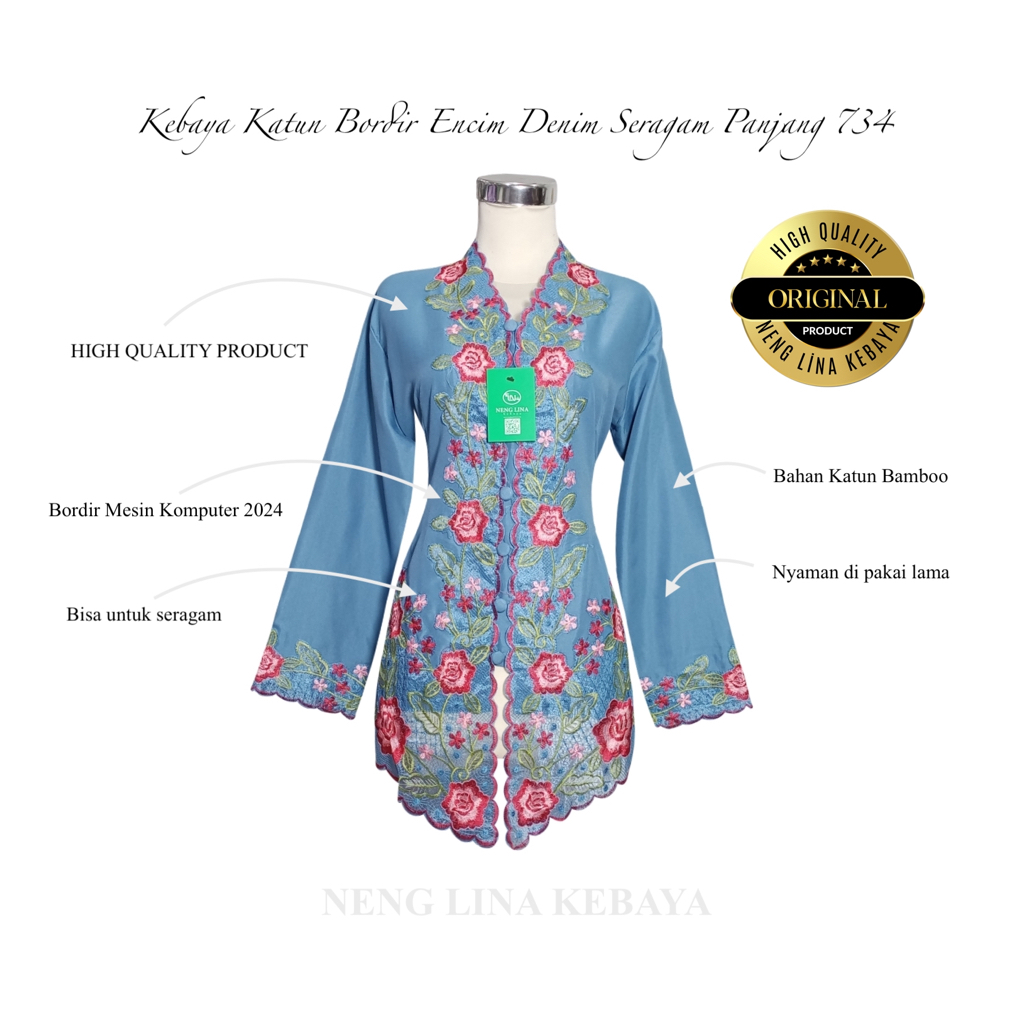 Jual Kebaya Katun Bordir Encim Denim Seragam Panjang 734 | Shopee Indonesia