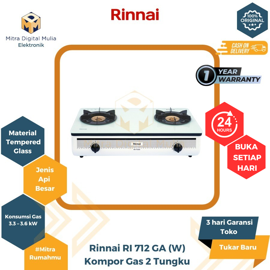 Jual Rinnai RI 712 GA W Kompor Gas 2 Tungku Tempered Glass Putih ...