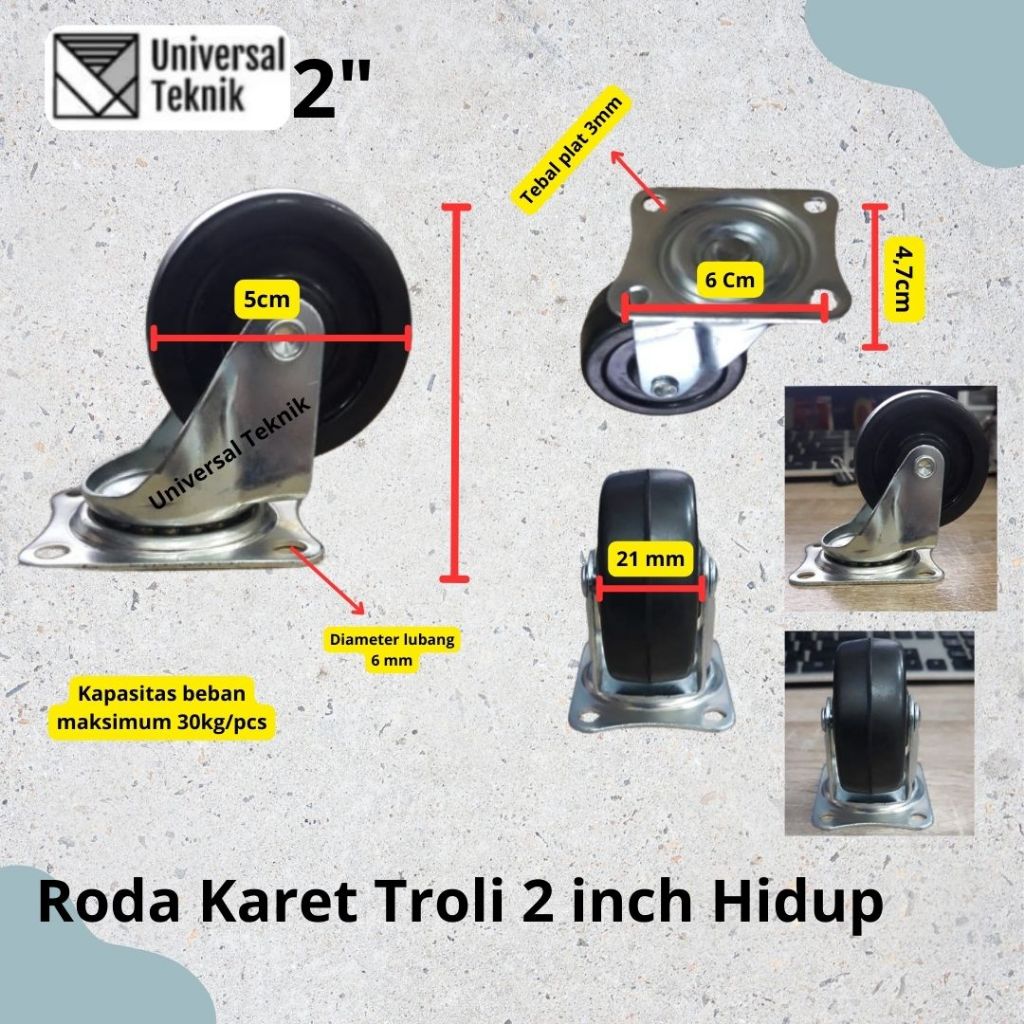 Jual Roda troli Karet Hidup 2" inch Roda caster kastor etalase troli ...