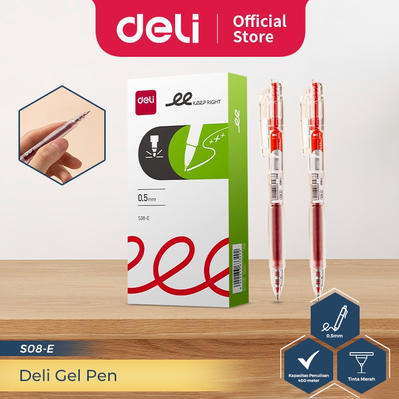 Jual Deli Gel Pen / Pulpen Gel Retractable Pen Cetek 0.5 mm Tinta Merah 12 pcs S08-E | Shopee ...