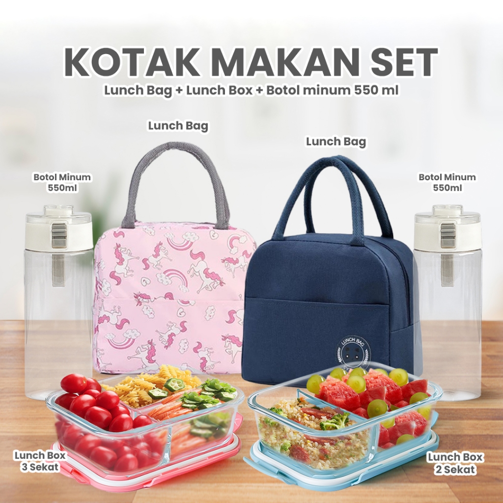 Jual Ideame Lunch Box Kaca 2 & 3 Sekat Biru Pink / Kotak Makan Kaca + Tas + Botol Minum / Kotak ...