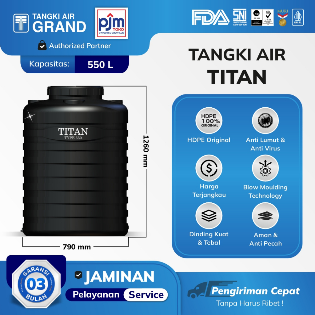 Jual Tangki Toren Tandon air Titan Blow 550 L Tidak Berbau & Higienitas - Biru, 550 Liter ...