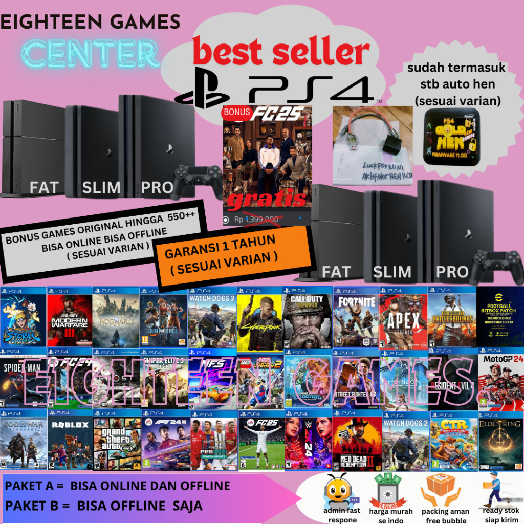Jual Ps4 slim full game + stick 2 playstation fat slim pro hen 1tb ...