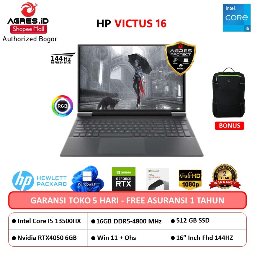 Jual HP VICTUS 16 I5 13500HX RTX4050 6GB/ 16GB 512GB W11+OHS 16.1FHD ...