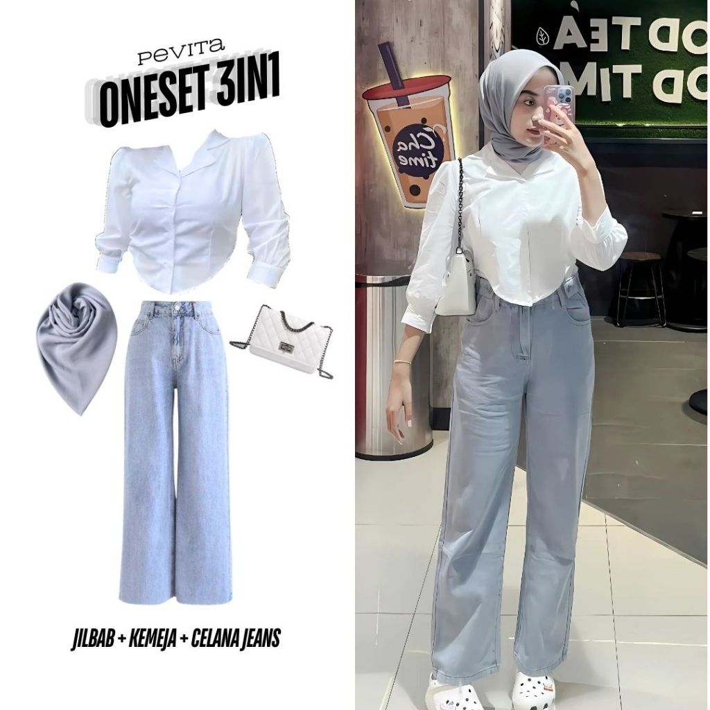 Jual One set 3in1 kemeja crop putih kerah celana jeans denim highwaist cullote plain pants ...