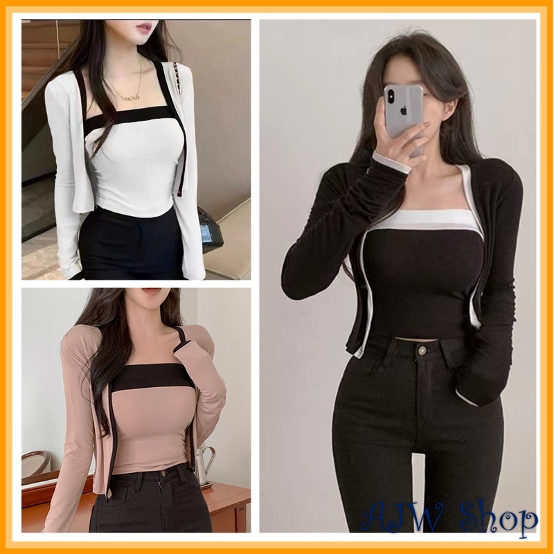 Jual AJW Cardigan Crop + Kemben Knit Premium WCQ | Atasan Wanita Crop 2in1 Cardigan + Kemben ...