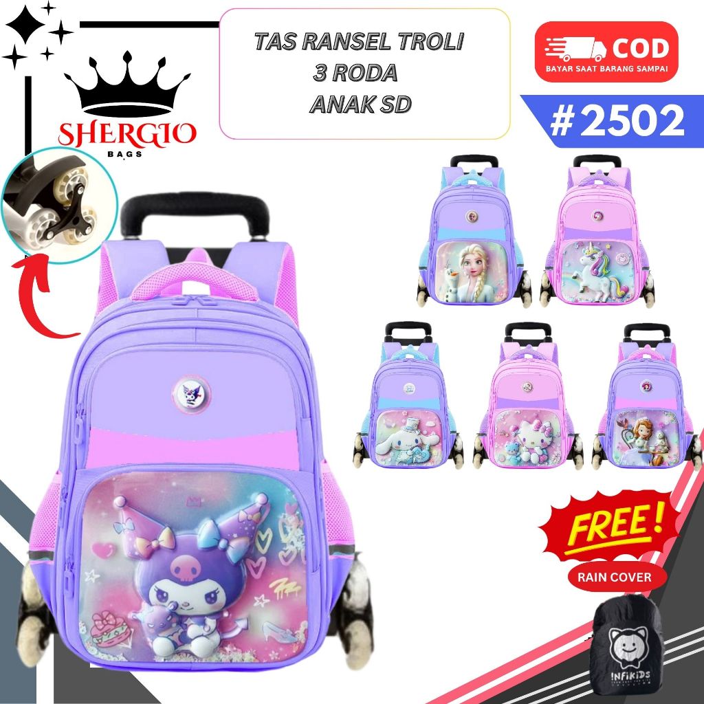 Jual Tas Troli Anak Sekolah SD Perempuan 3 Roda GIOBAGS Untuk Anak Perempuan embos 3D 2502 ...