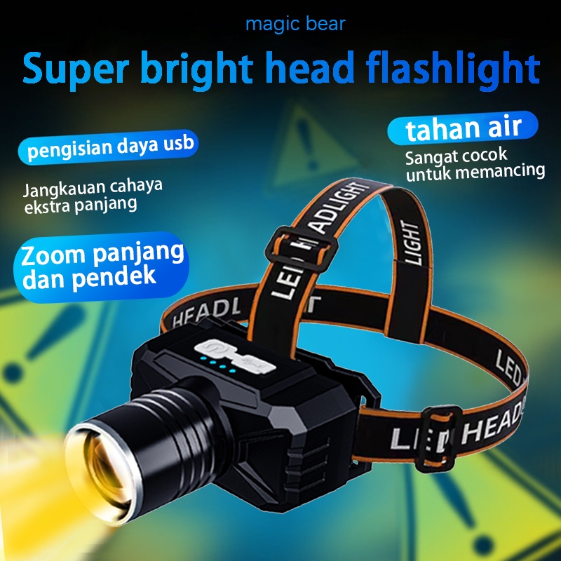 Jual {ada stok} Senter Lampu Kepala Super Terang Headlamp Led Rechargeable Zoom/lampu kuning ...