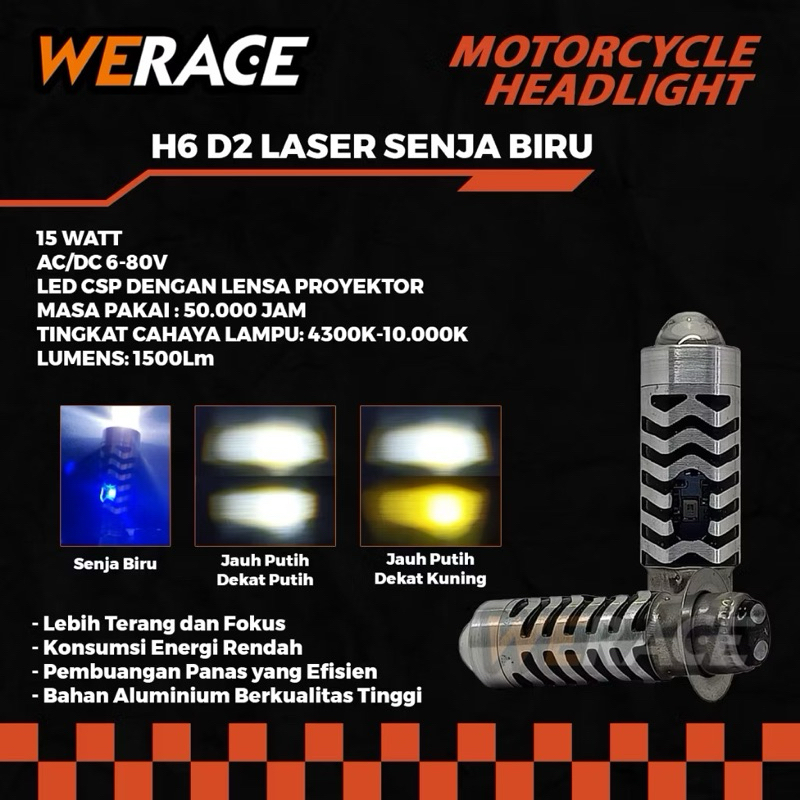 Jual WERACE LED Headlamp Kaki 1 / H6 Laser Sorot Dekat Kuning Jauh ...