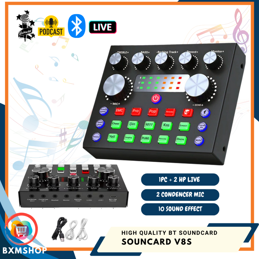 Jual Soundcard V8s Broadcast Microphone Bluetooth V8S SoundCard Live Mixer Audio USB External ...
