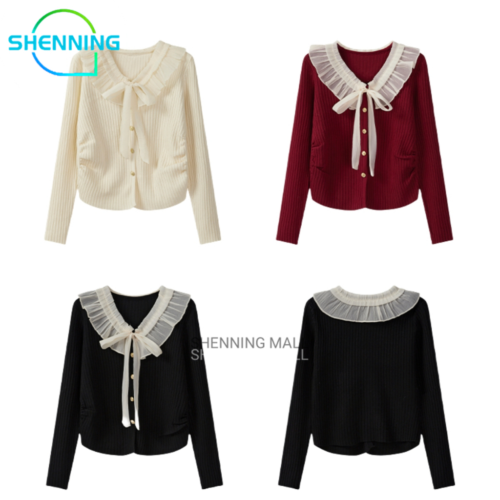 Jual SHENNING Atasan Rajut Wanita Premium Leher Renda Pita Round Neck ...