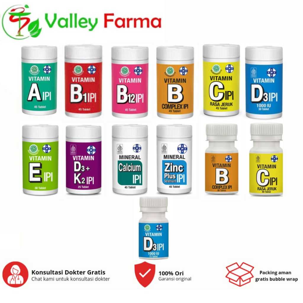 Jual IPI Vitamin A B1 B12 B Complex C D3 D3+K2 E Mineral Calcium Zinc Plus | Shopee Indonesia