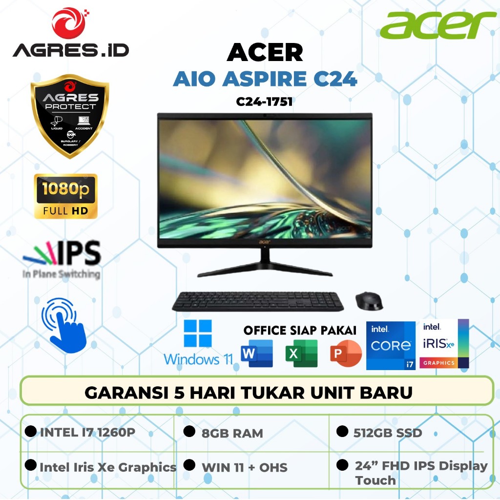 Jual Acer Aio Aspire C24-1800 I3 1305 8GB 512GB W11+OHS 23.8 FHD ...