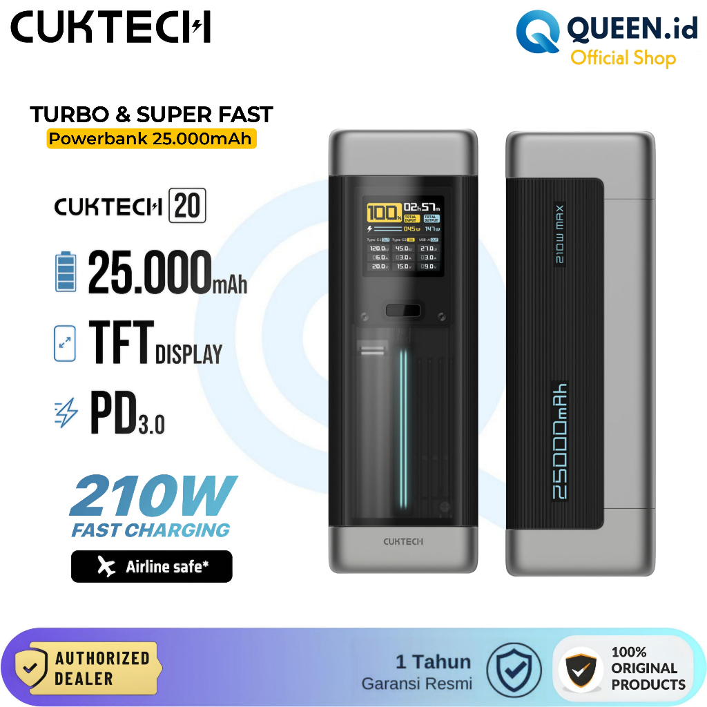Jual CUKTECH P23 20 Powerbank 25000mAh 210W USB TYPE C PD QC Digital Display TURBO Super Fast ...