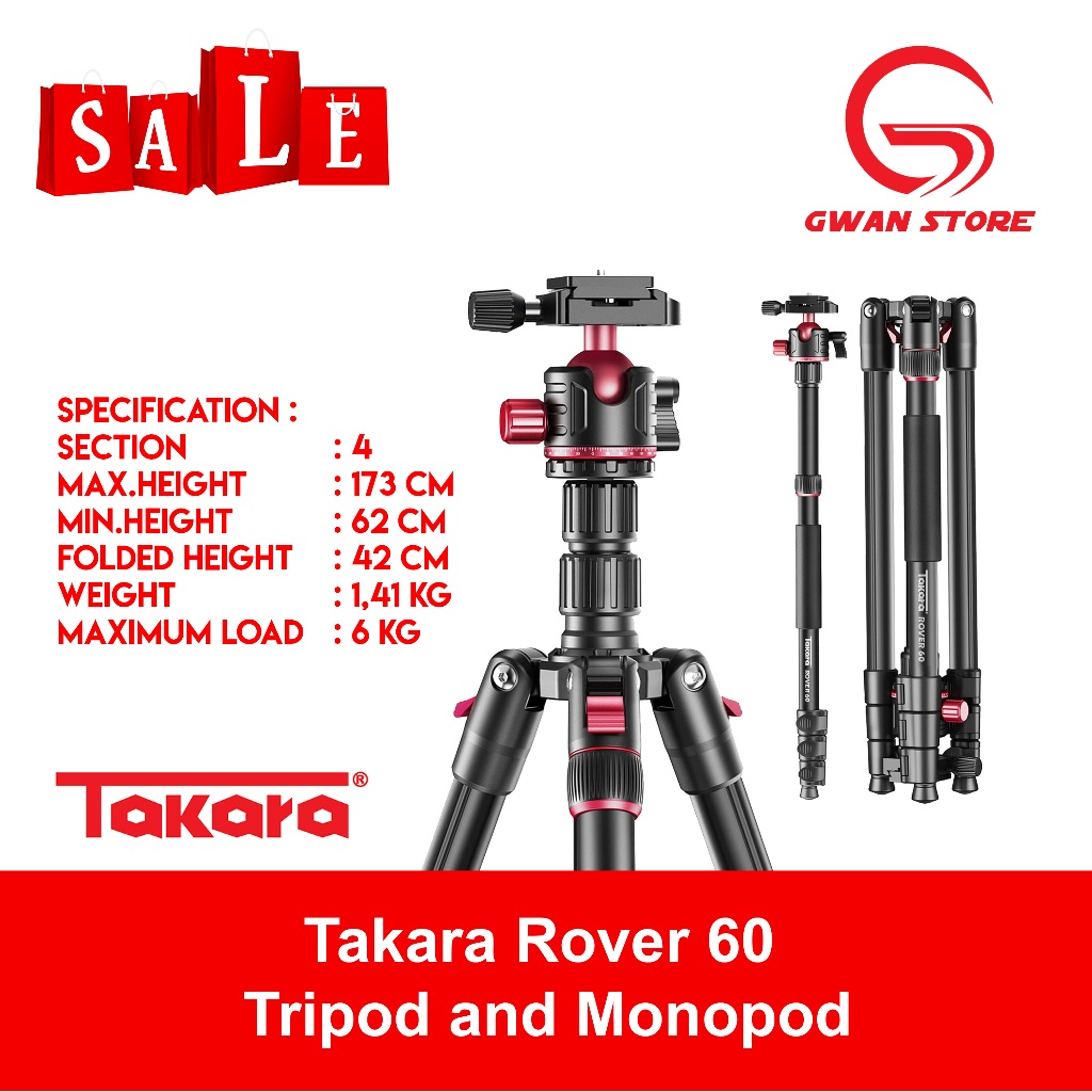 Jual Takara Rover 60 Compact 2 in 1 Traveller Tripod Flatlay Monopod ...