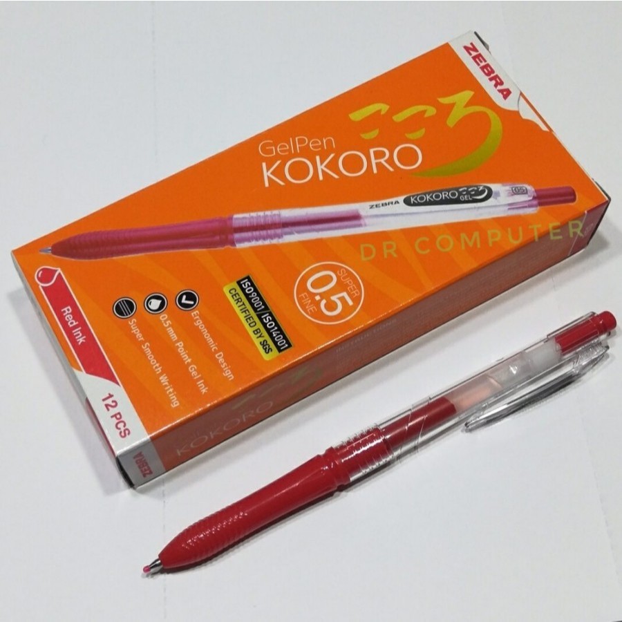 Jual Pulpen Kokoro Gel 0.5 mm Red Pen Ballpoint Zebra Merah Lusin 12 ...
