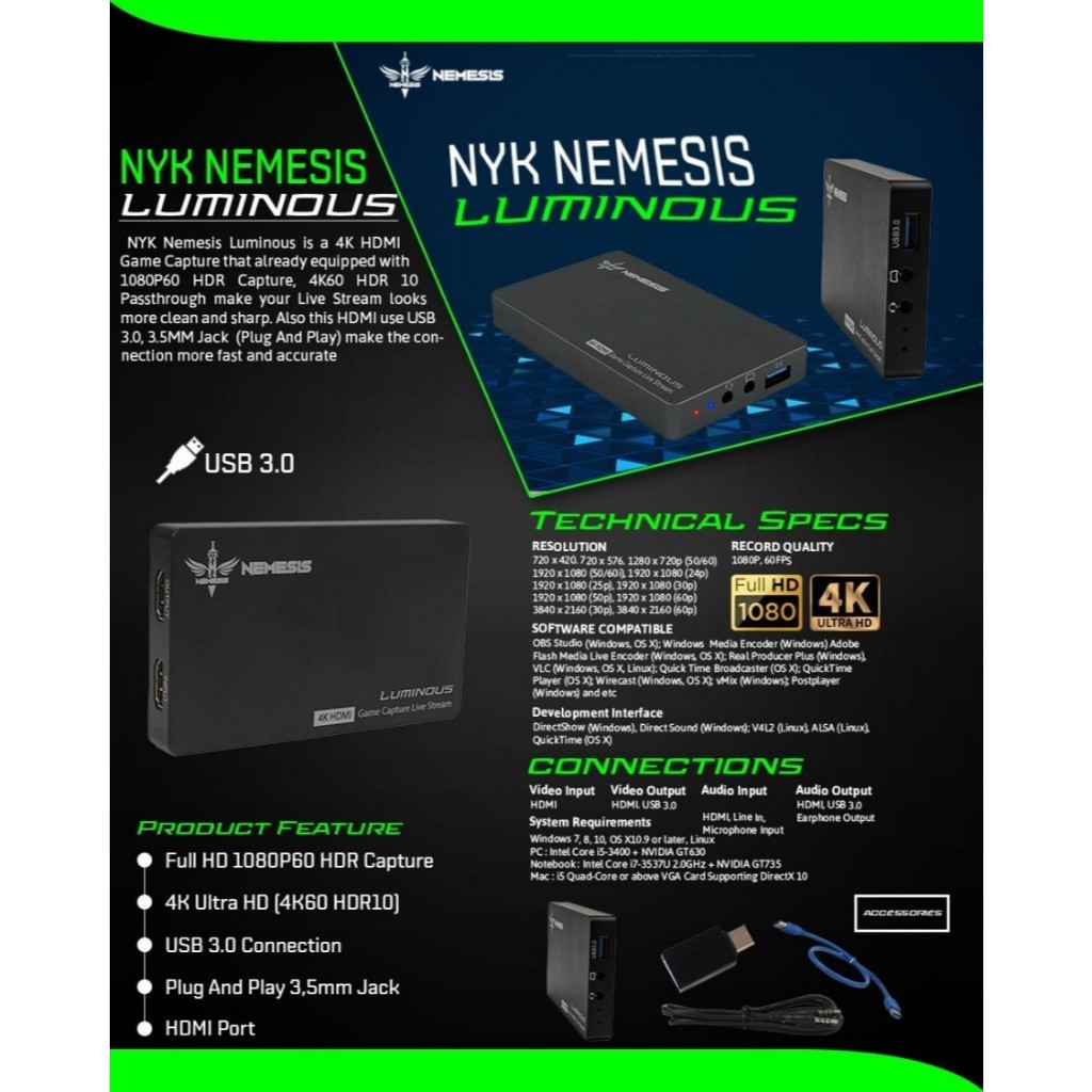 Jual Hdmi Capture NYK Nemesis Luminous Full HD 1080P 60FPS HD / NYK ...
