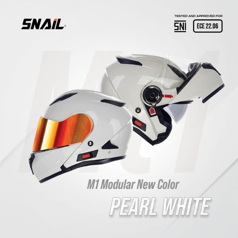 Jual Helm Modular Snail M1 Pearl White Visor Iridium Red + Free Visor ...