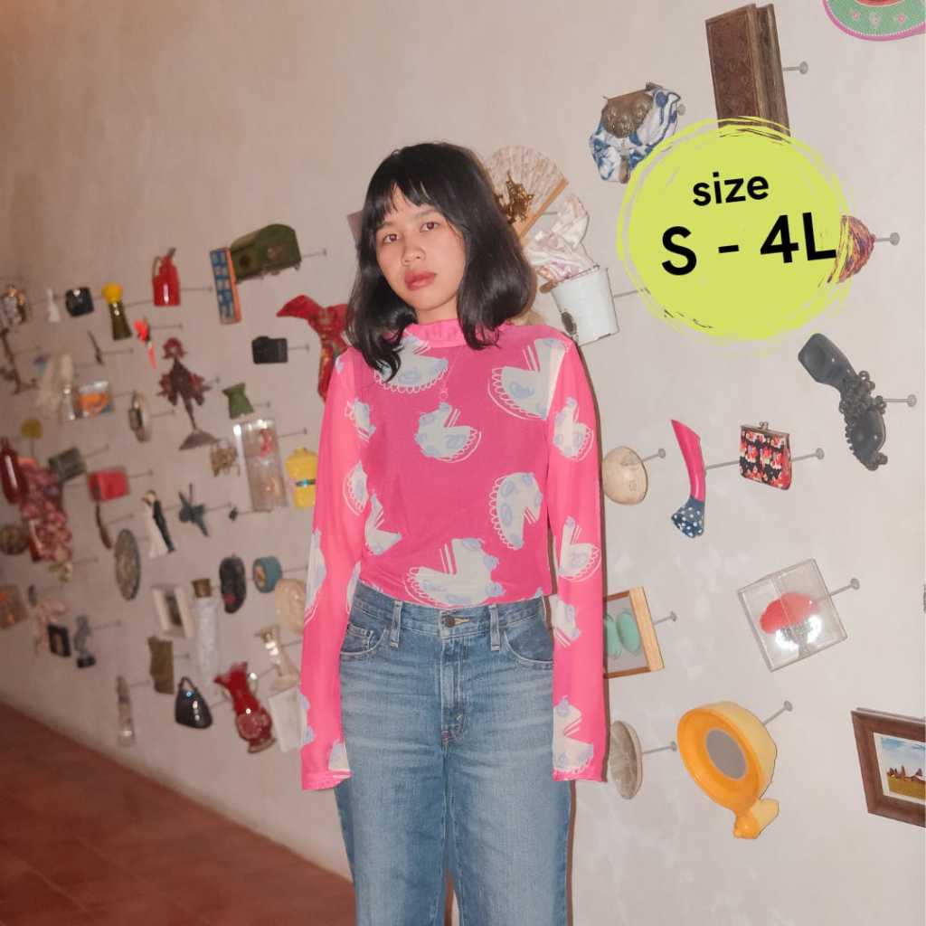 Jual House of KYNY - Sprinkle Pink Mesh Top | Atasan Wanita Print Shirt ...