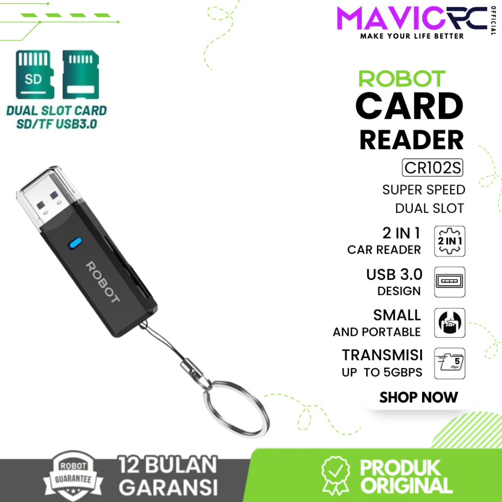 Jual ROBOT CR102S USB 3.0 Cap Design with 2 Slot Card Reader Black ...