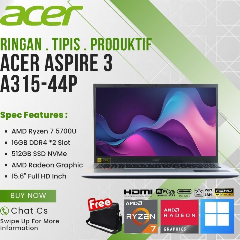 Jual Acer Laptop Gaming Aspire Slim A315-44P-R9GQ AMD Ryzen 7 - 16Gb Ram - 512Gb Ssd Storage ...