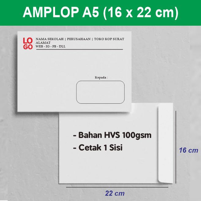 Jual Amplop HVS 100gsm A5 16x22 cm Custom | Amplop HVS Putih | Amplop ...