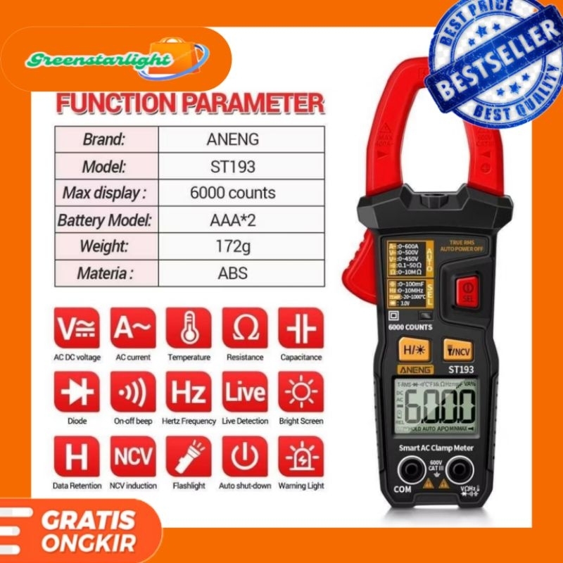 Jual Tang Ampere Digital Clamp Meter Aneng ST193 Multimeter Voltage ...