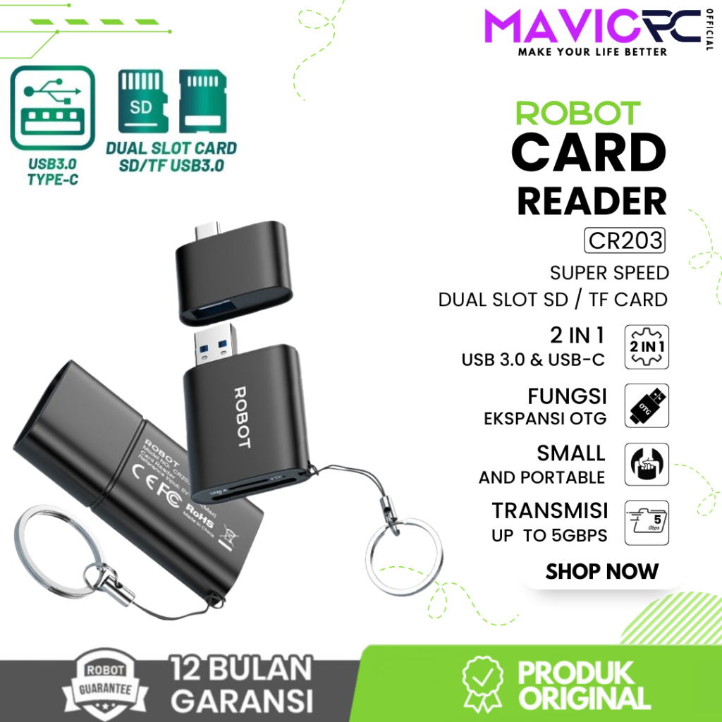 Jual ROBOT CR203 Card Reader Dual Port 2 in 1 USB C To USB A Kartu ...